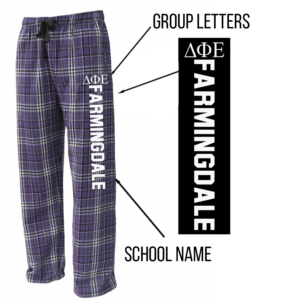 Greek Flannel Pants, Printed Greek Letters and School - FLNP - CAD ...